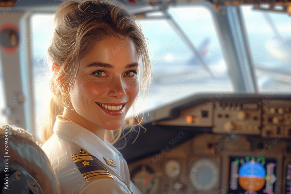 Confident Female Pilot Smiling in Aircraft Cockpit. A young female ...