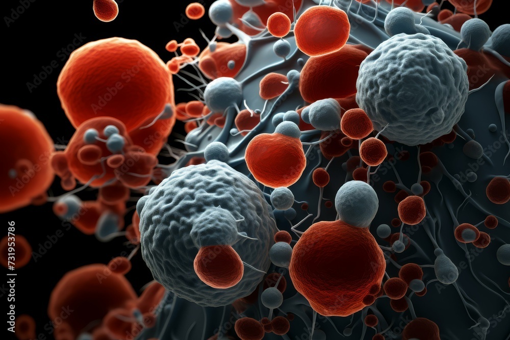 Microscopic view of various cancer cells in a dynamic environment ...