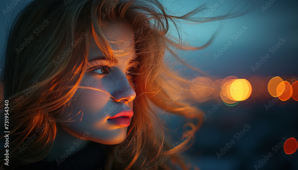 girls hair moving in the wind by night, hair in front of face, blurred ...