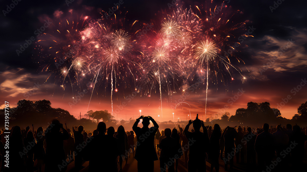 Dynamic concert vibes: Silhouettes dance under vibrant fireworks and ...