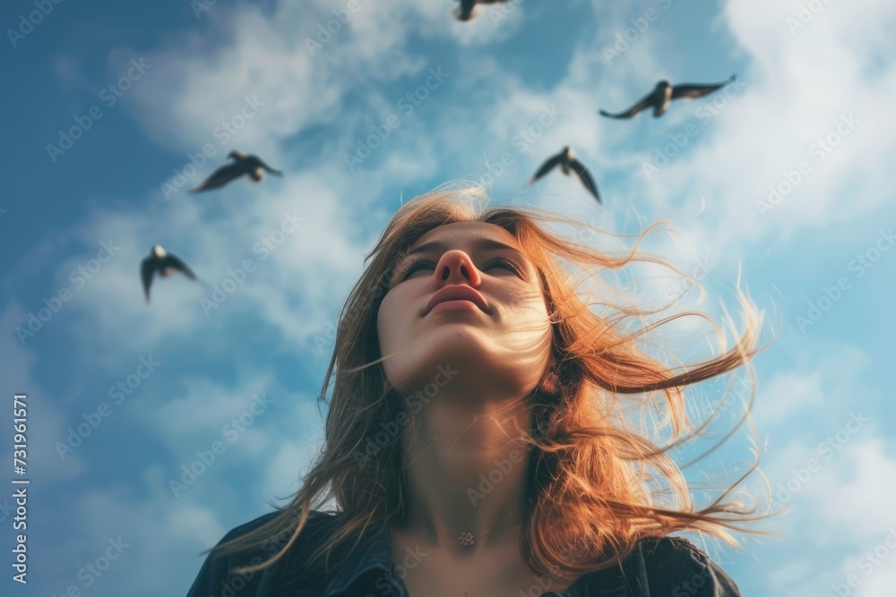 Freedom personified, a young woman's hair dances with the wind under a ...