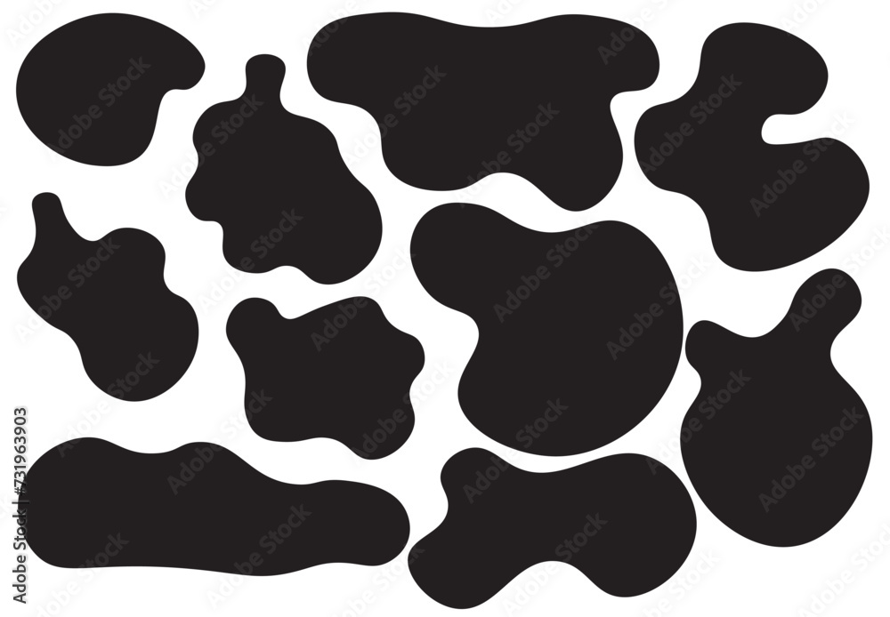 Abstract black blobs, liquid smudges, shapeless spots, fluid silhouette ...