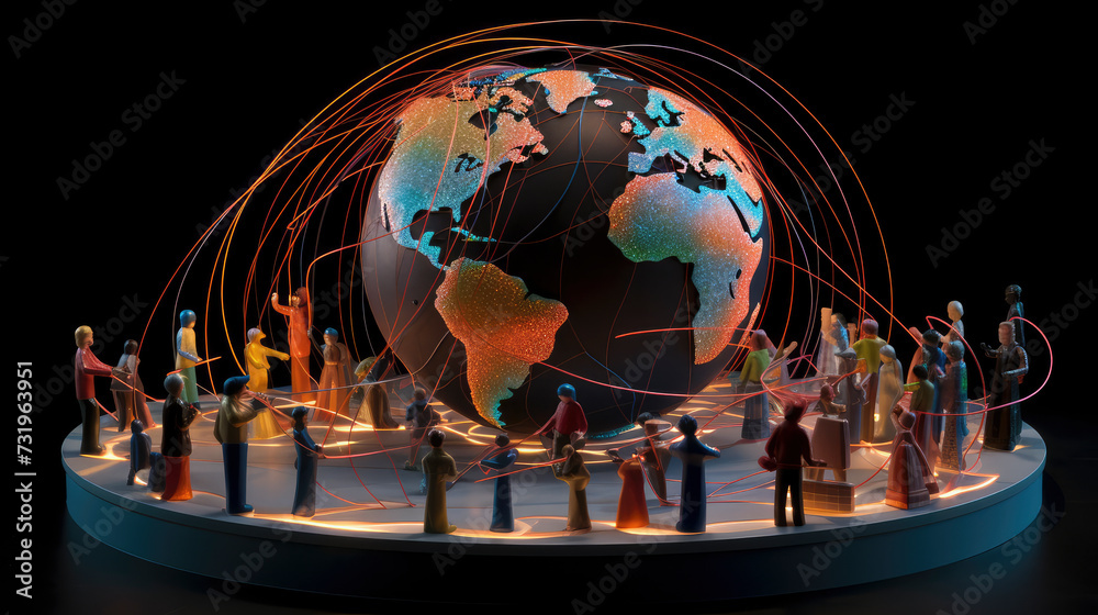 Global Connectivity: Diverse professionals collaborate around toy globe ...
