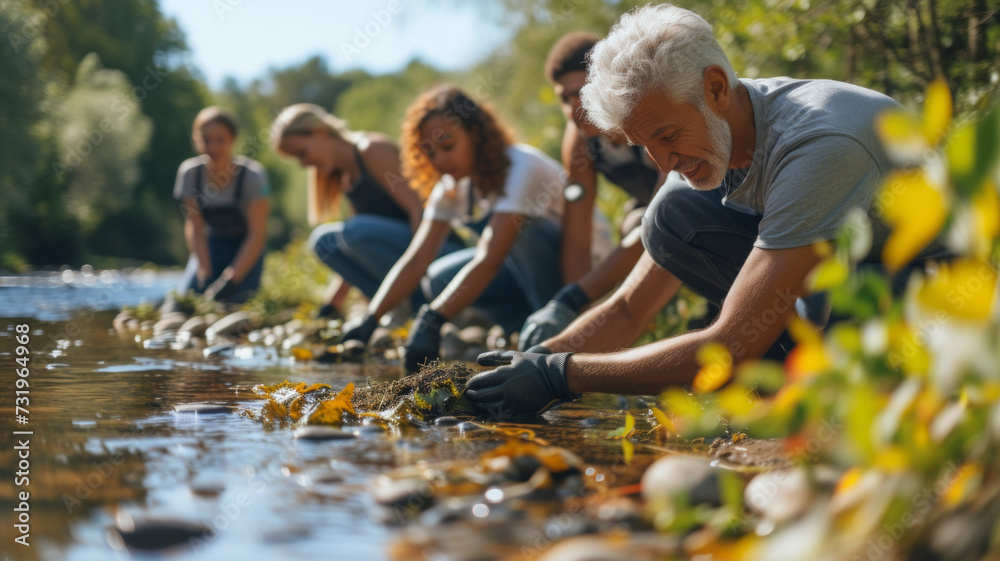 Multi-generational volunteers participating in a river cleanup ...