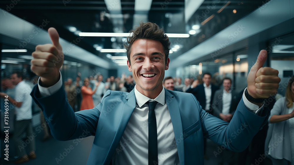 Businessman with thumbs up and celebrating success in front of crowd ...