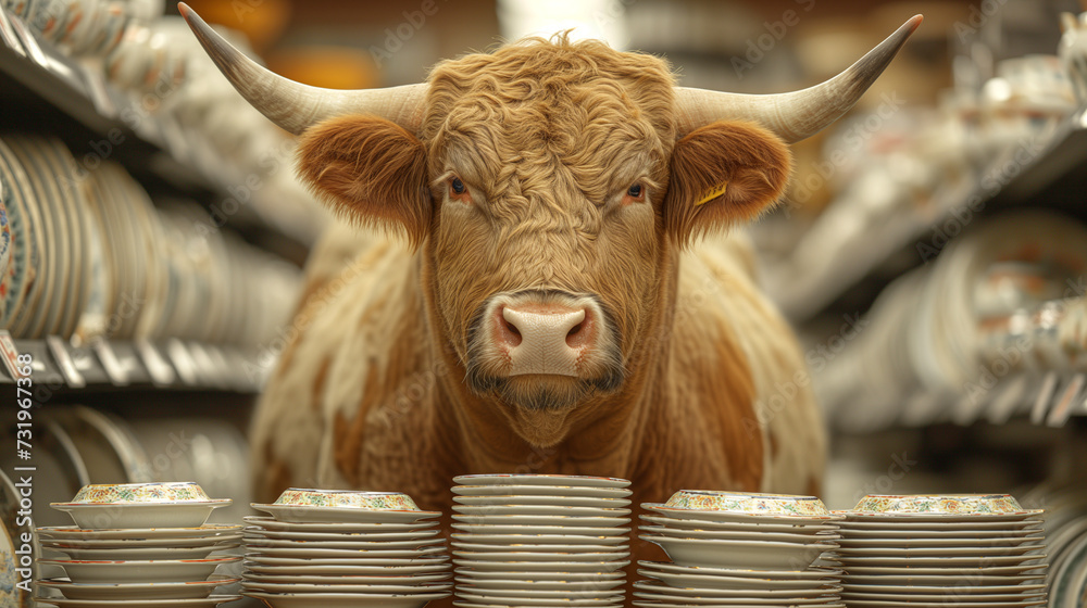 a bull in a china shop, A large bull with shaggy fur and long horns ...