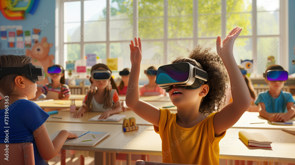 A group of diverse elementary school children are engaged in a ...