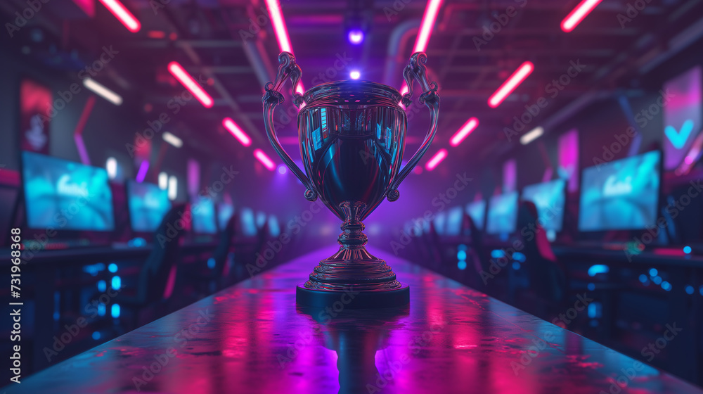 The eSports winner's trophy stands on the stage in the middle of the PC ...