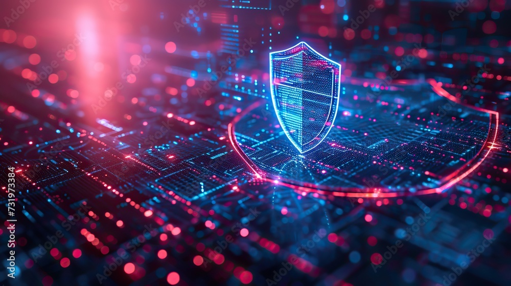 Futuristic cyber security concept with a digital shield overlaying a complex network grid ...