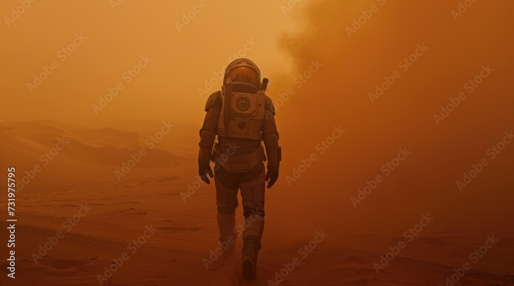 Astronaut walk among orange fog on Mars. Spaceman wear helmet suit ...