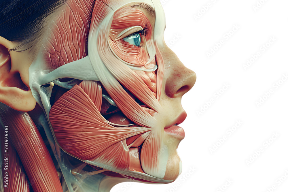 Side view woman face human anatomy, skin and muscles isolated on ...