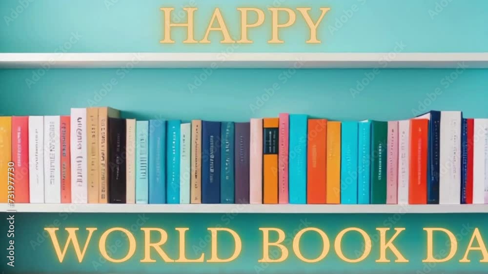 3D animated video footage of Happy World Book Day, colorful books on a ...