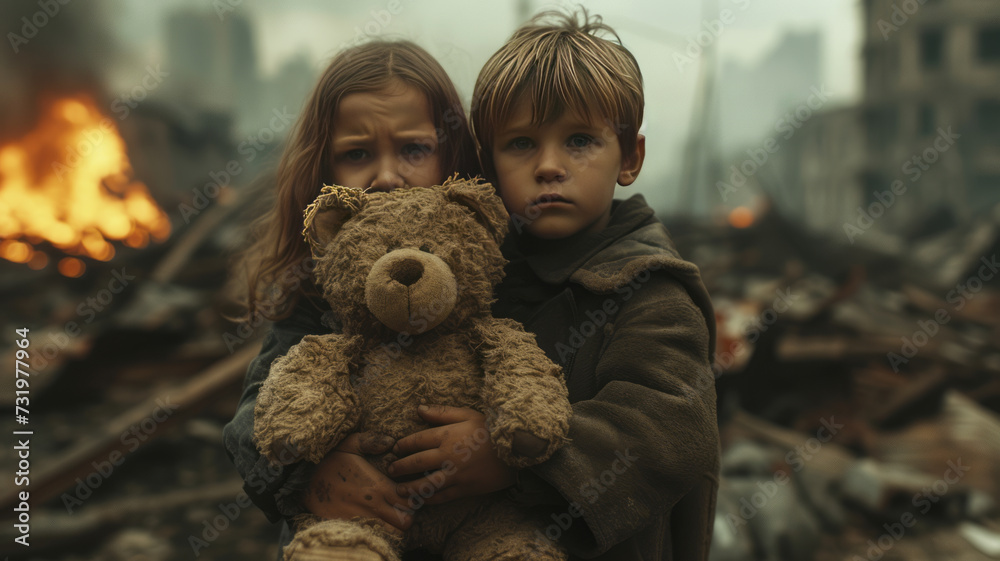 Desperate Poor Afraid Child boy and girl crying Standing holding Old ...