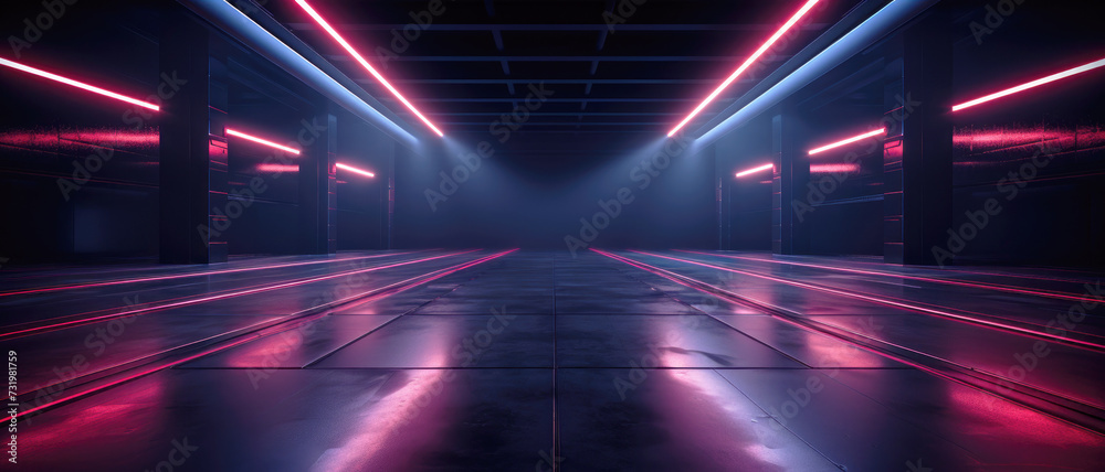 Dark garage background, empty underground parking with neon lighting ...