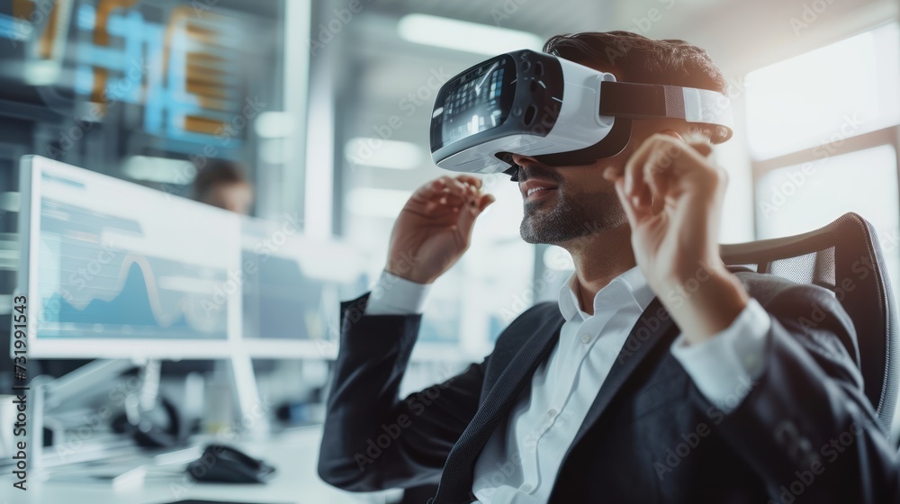 Businessmen using VR glasses to view financial documents, graphs, and ...