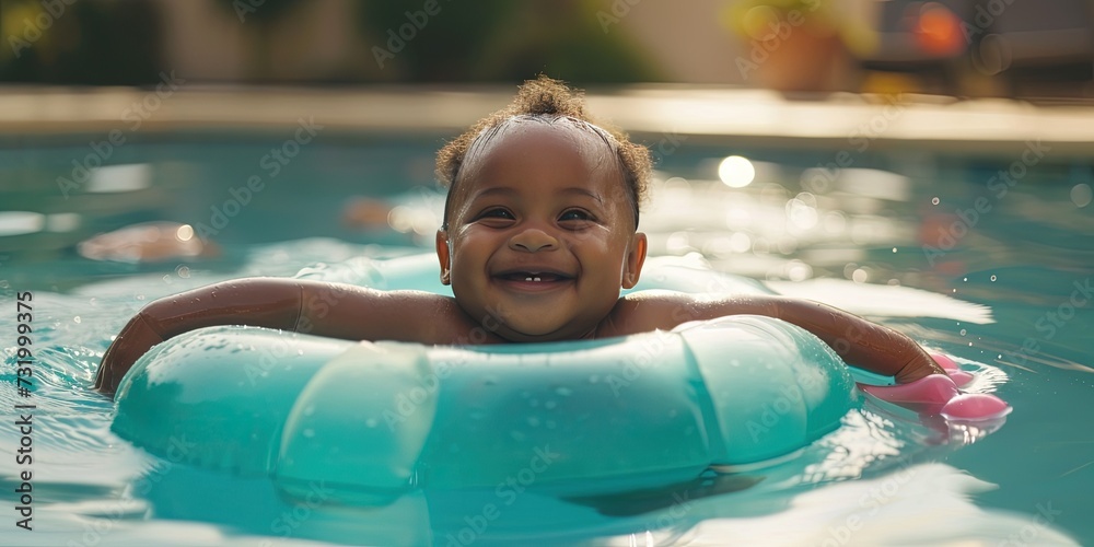 Adorable baby swimming in the pool on an inflatable floatie Stock Photo ...