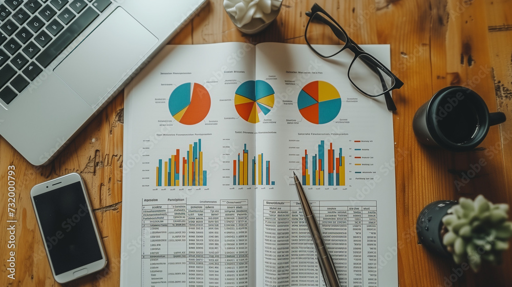 set of objects, Paper with statistics graphs on the desk in the office ...
