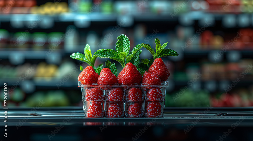 strawberries in a market, Red growing up large arrow on abstract blur ...