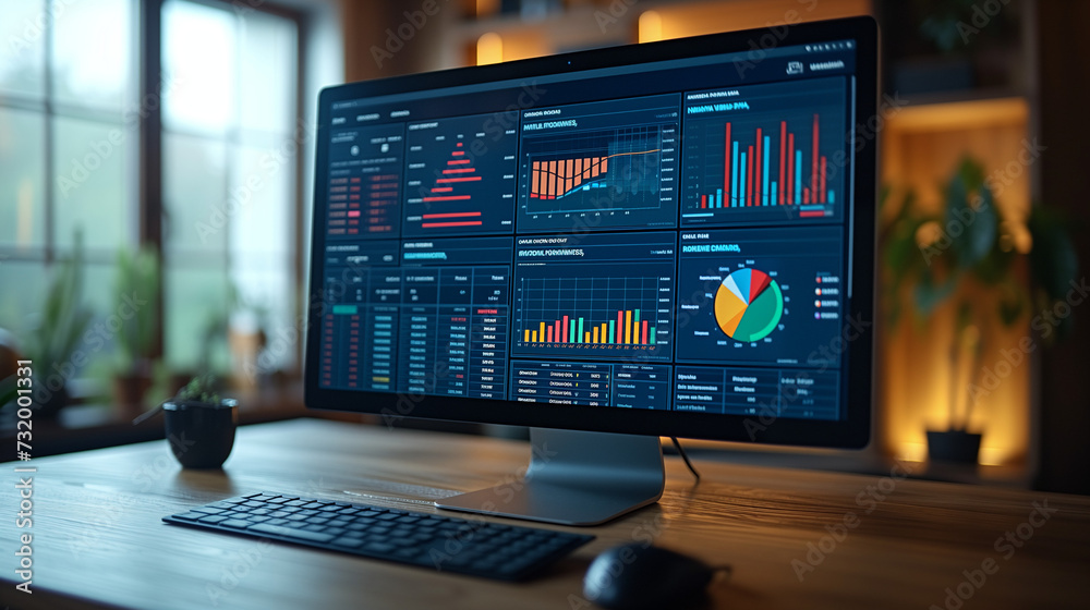 The side view of a computer screen displaying multiple financial reports, graphs and pie in ...