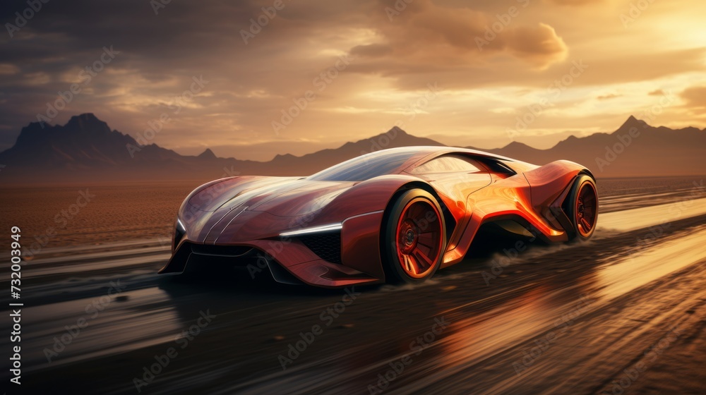 Futuristic red sports car in a desert landscape of an alien planet ...