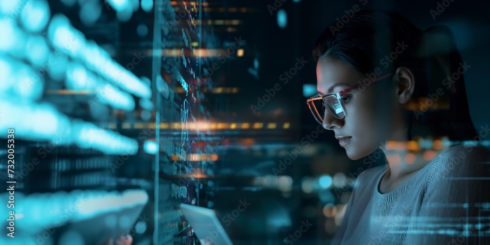 Software, coding hologram and woman on tablet thinking of data analytics, digital technology and ...