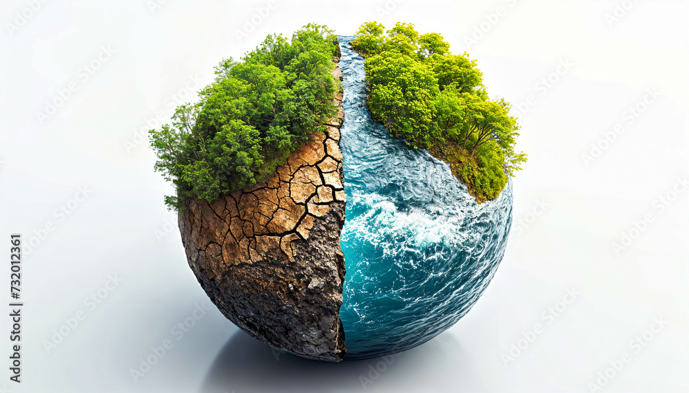 Surreal Depiction of Earth with Half Cracked Dry Land and Half Vibrant ...