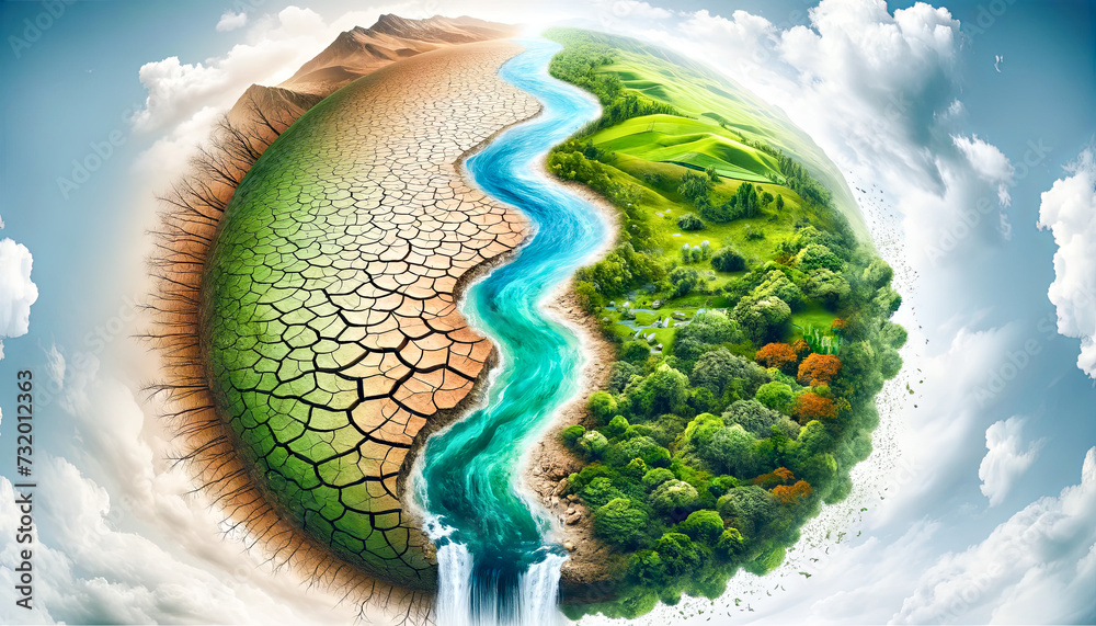 Surreal Depiction of Earth with Half Cracked Dry Land and Half Vibrant ...