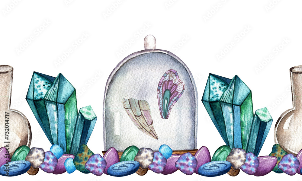 Seamless watercolor border. Hand drawn colored crystals, glass dome ...