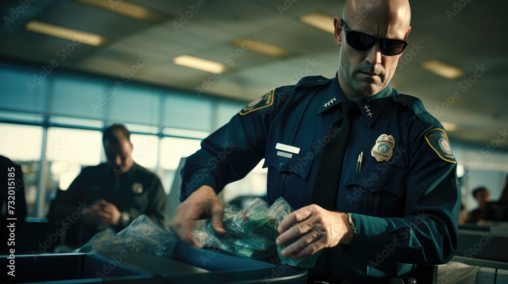 Airport customs officer, pulling large quantity of drugs from ...