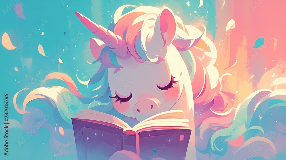 Cute unicorn sitting and reading a book in a magical atmosphere Concept ...