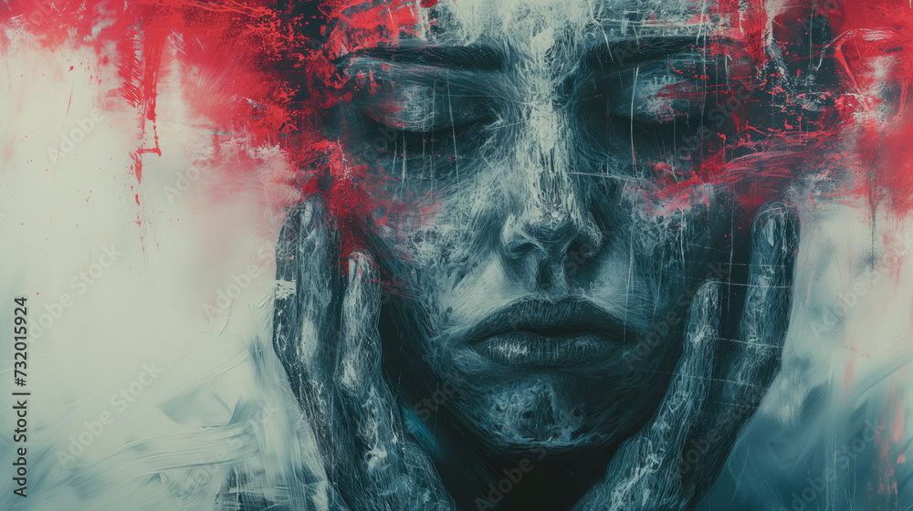 Acrylic charred grungy mural painting portrait of woman with hands on ...