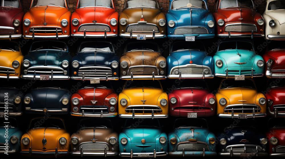 Car pattern background. Old 1960s car shapes of various bright colours ...