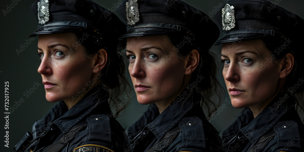 Profile of police woman wearing peaked caps, showcasing strength and ...