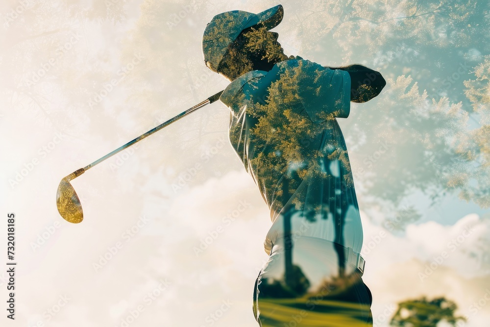 A double exposure image of a golfer holding a club superimposed on a ...
