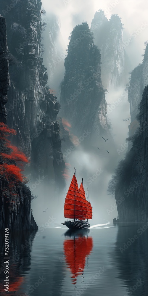 boat floating deep near mountain red narrow chinese alley sailboat ...