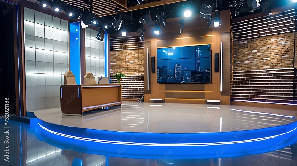 Modern broadcast studio design with empty chairs and futuristic ...