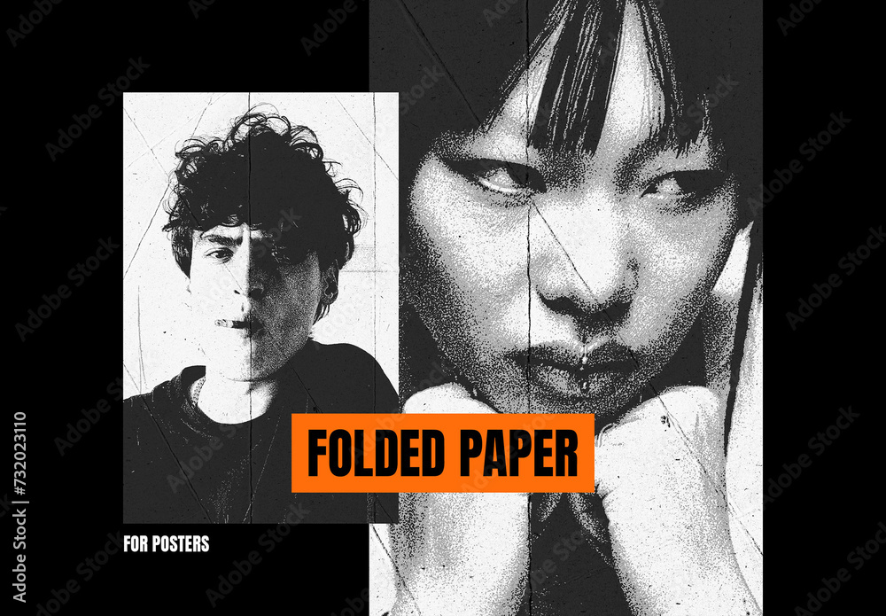 Black And White Folded Poster Paper Photo Effect Mockup Stock Template ...