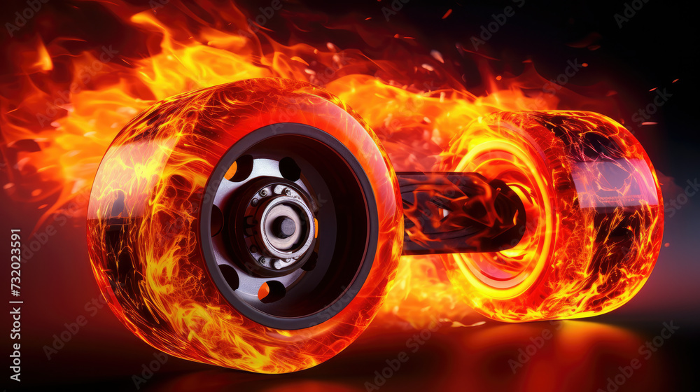 Skateboard wheels on fire depict a sense of urgency and speed; a ...