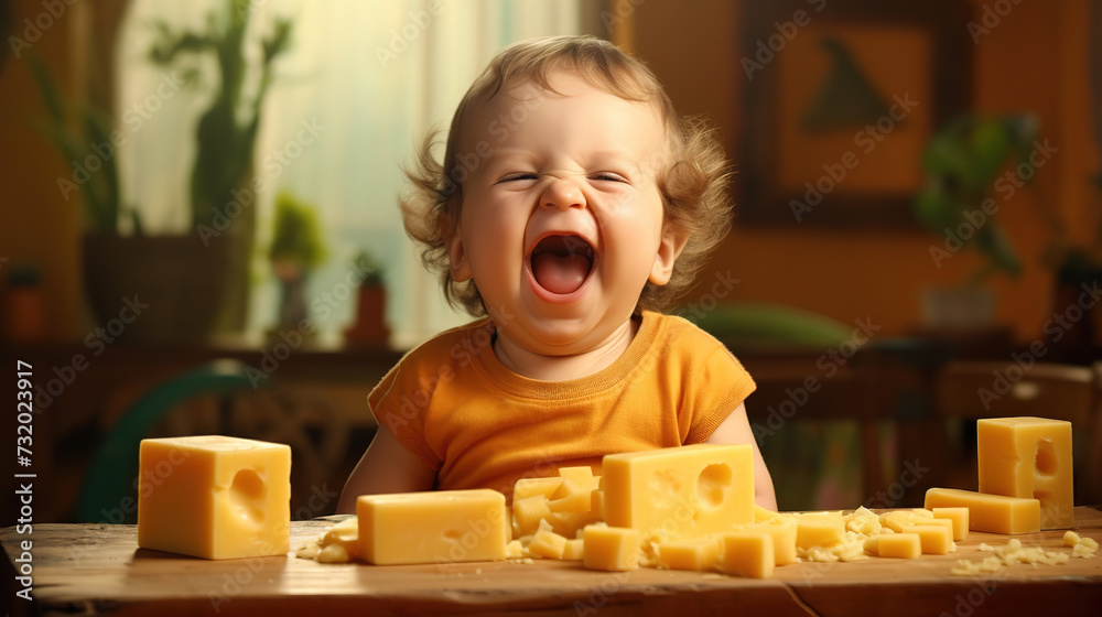 portrait of cheerful boy making funny faces and eating cheese, World ...