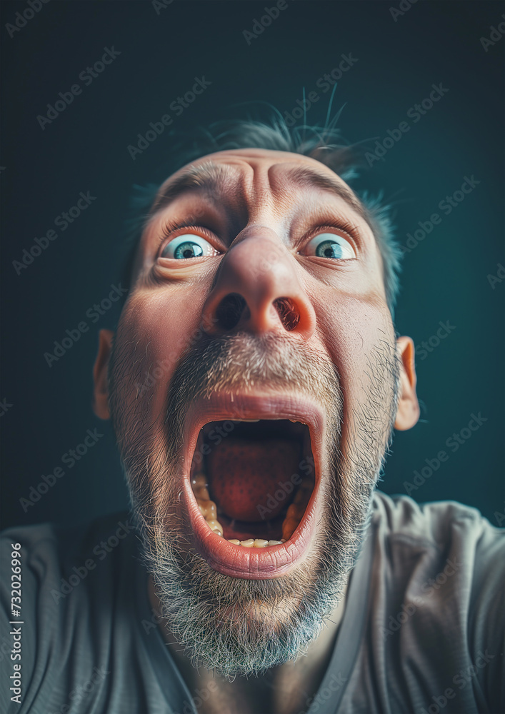 Portrait of terrible scared man face with googly eyes and wide opened mouth wide angle close up ...