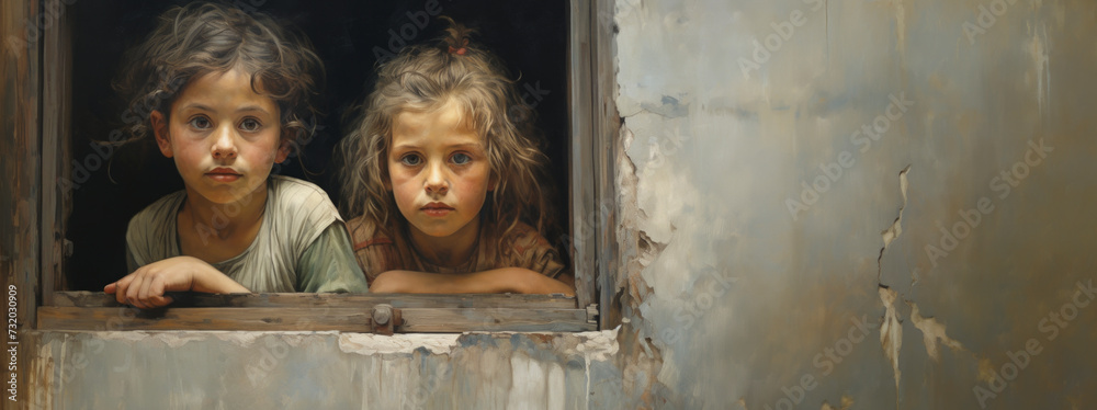 children in poverty, gazing through a derelict window, impoverished ...