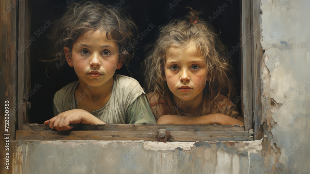 children in poverty, gazing through a derelict window, impoverished ...