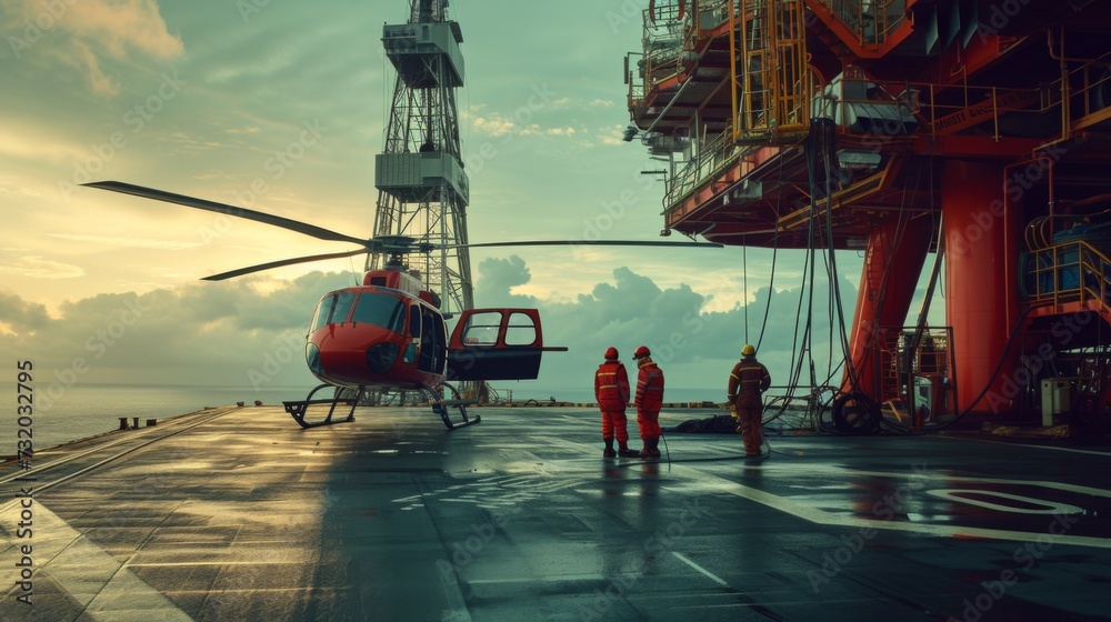 Offshore drilling platform with transport helicopter on landing zone ...
