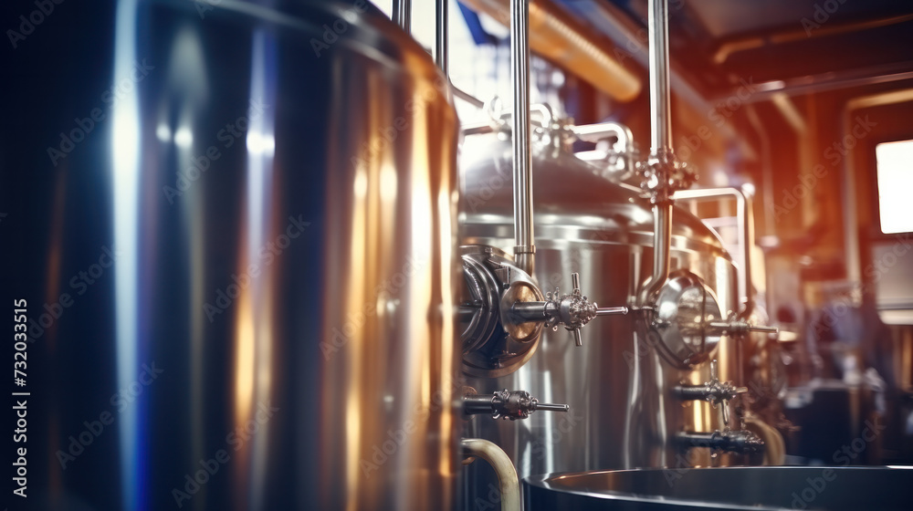 Interior of brewery, large steel storage tanks for brewing beer. Stock ...