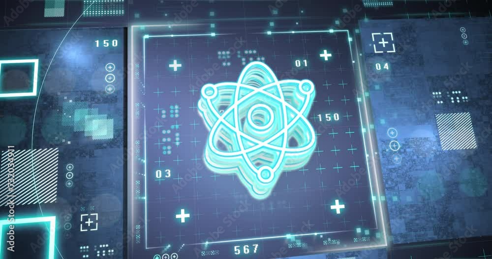 Quantum symbol, atomic model or structure background, complex 3d ...