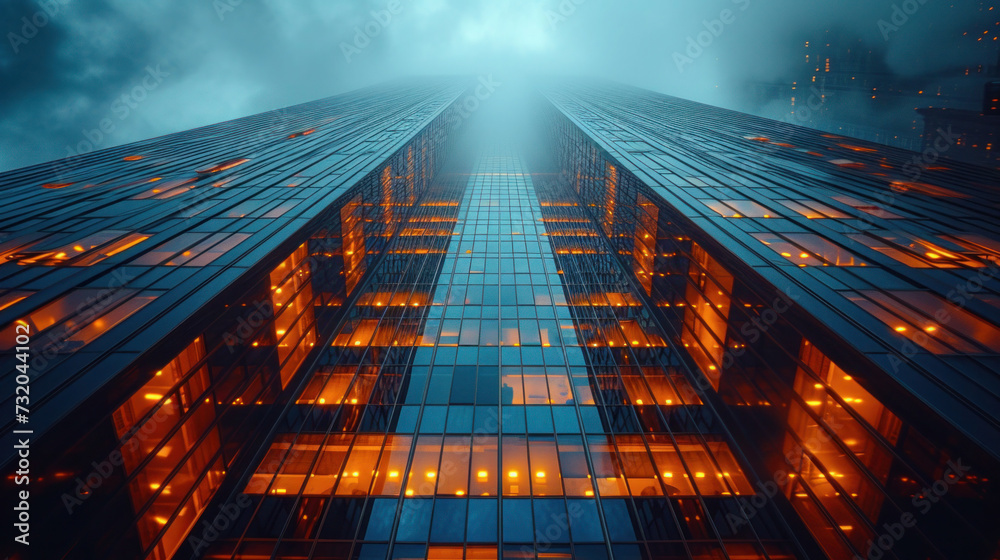 Bottom up view, photo of a modern building with burning windows against ...