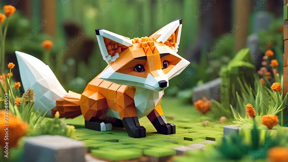 Voxel pixel art Fox in wild, animals made of 3d cubes, voxel ...