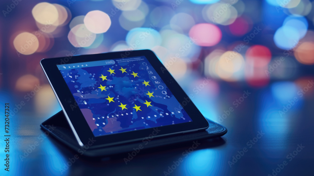 tablet displaying the European Union flag and data analytics ...