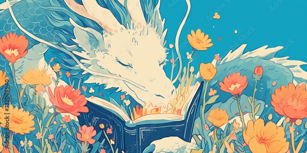 cartoon dragon hugs a stack of books. Concept: love of reading and ...