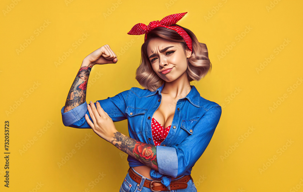Laughing hispanic woman dressed as Rosie the Riveter, flexing her ...